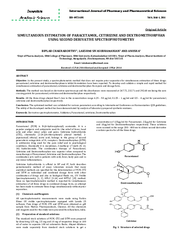 Pdf Simultaneous Estimation Of Paracetamol Cetirizine And Dextromethorphan Using Second