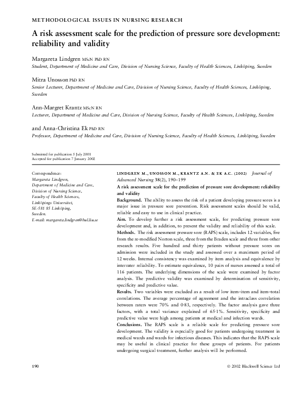 (PDF) Predictive validity of the braden scale and nurse perception in identifying pressure ulcer ...