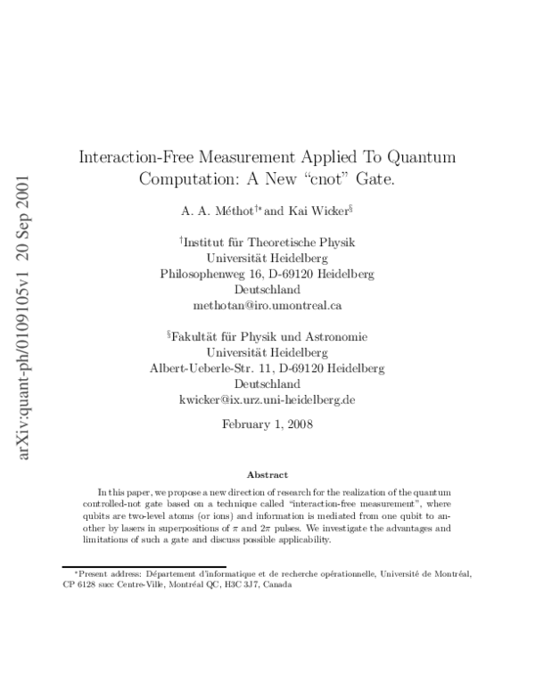 (PDF) Interaction-Free Measurement applied to Quantum Computation: a New CNOT Gate