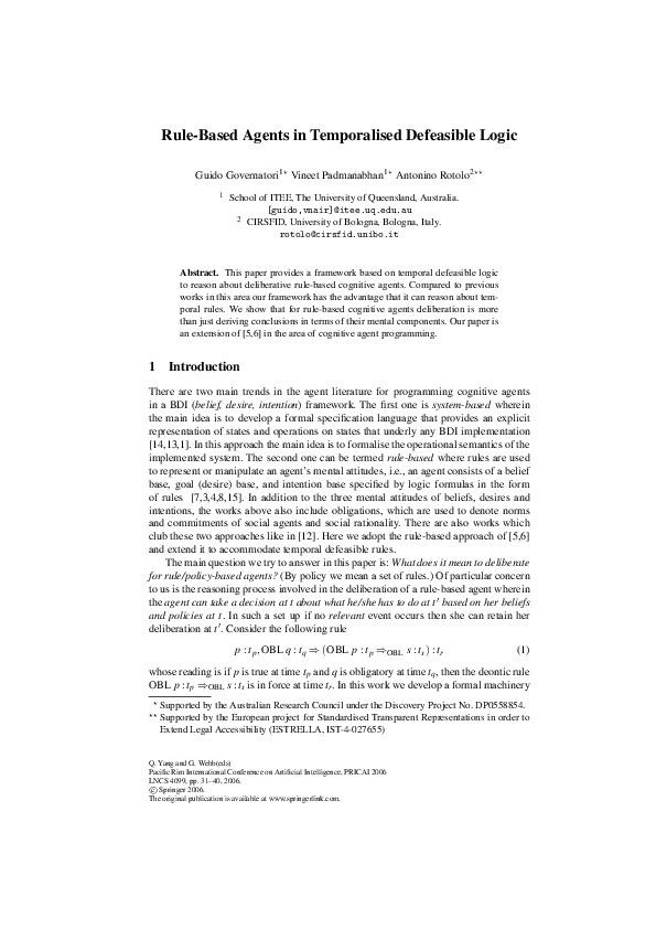 (PDF) Rule-Based Agents in Temporalised Defeasible Logic