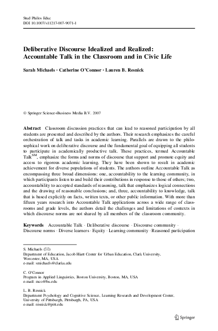 (PDF) Deliberative Discourse Idealized and Realized: Accountable Talk ...