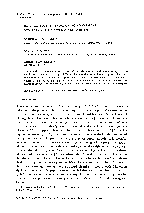 (PDF) Bifurcations in stochastic dynamical systems with simple singularities