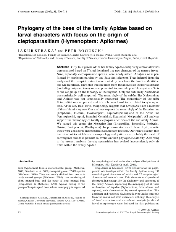 (PDF) Phylogeny of the bees of the family Apidae based on larval ...