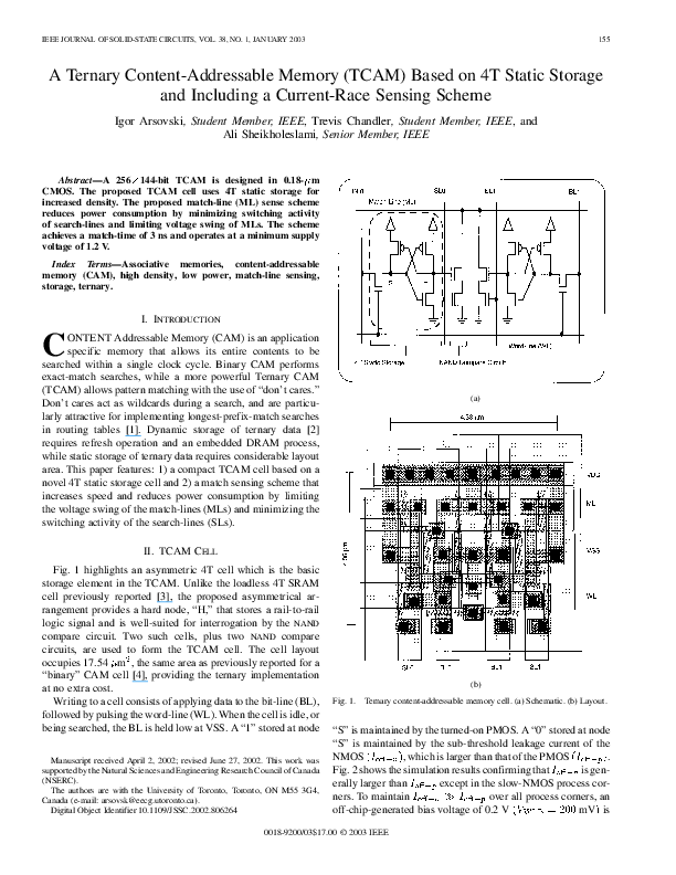 Pdf A Ternary Content Addressable Memory Tcam Based On 4t Static