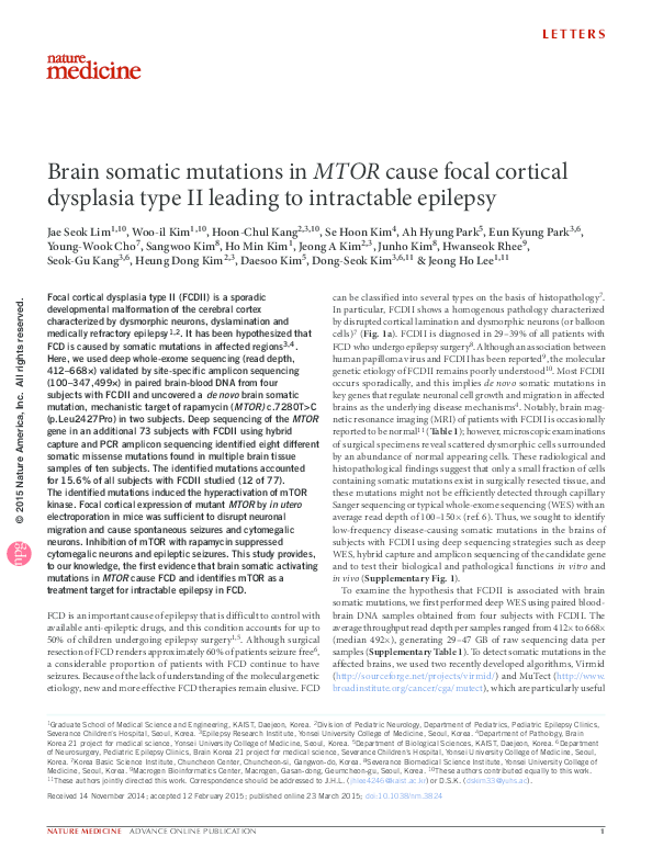 (PDF) Brain somatic mutations in MTOR cause focal cortical dysplasia ...