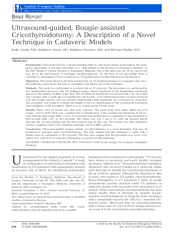 (PDF) Ultrasound-guided, Bougie-assisted Cricothyroidotomy: A ...