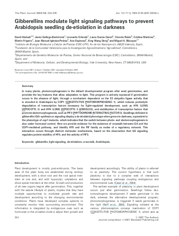 (PDF) Gibberellins modulate light signaling pathways to prevent ...