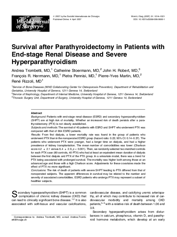 (PDF) Survival after Parathyroidectomy in Patients with End-stage Renal Disease and Severe ...