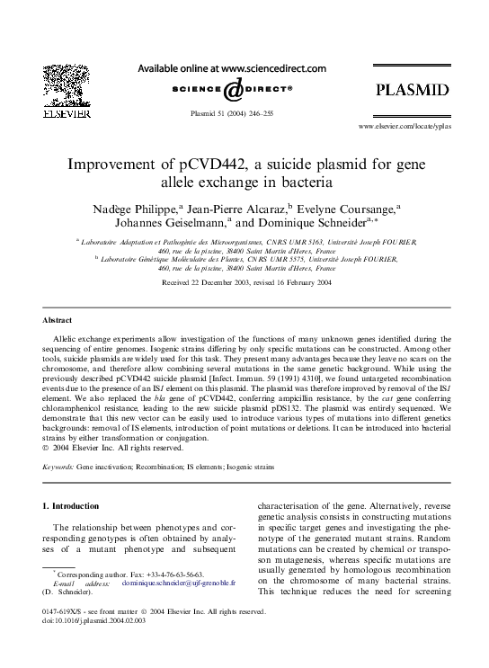 (PDF) Improvement of pCVD442, a suicide plasmid for gene allele exchange in bacteria