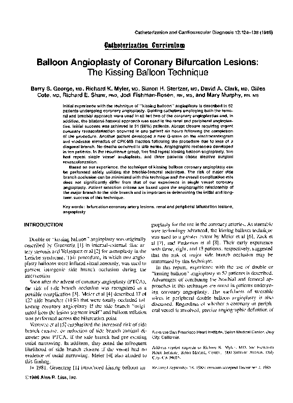(PDF) Balloon angioplasty of coronary bifurcation lesions: The kissing ...