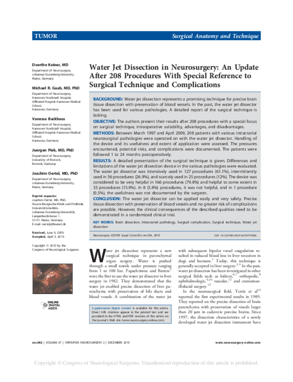(PDF) Water jet dissection in neurosurgery: an update after 208 ...