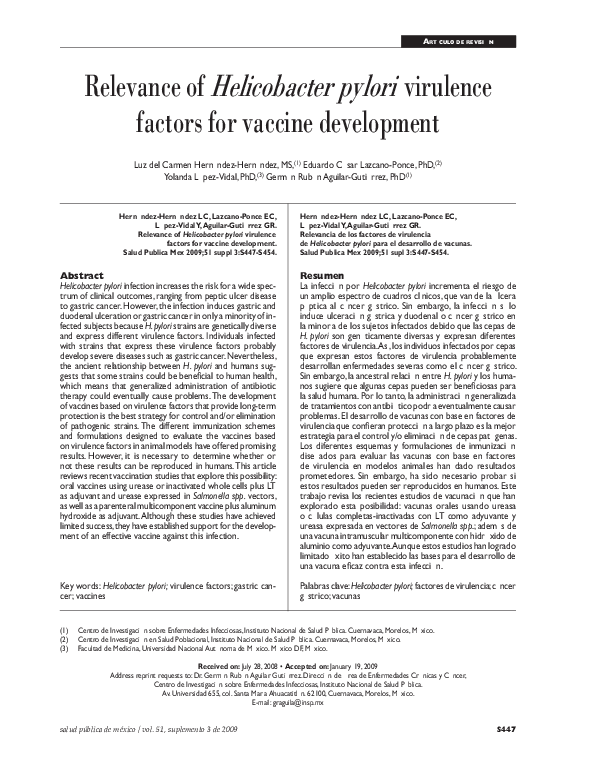 (PDF) Relevance of Helicobacter pylori virulence factors for vaccine development