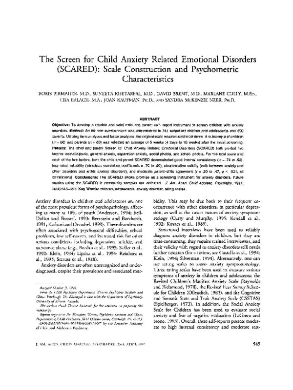 (PDF) The Screen for Child Anxiety Related Emotional Disorders (SCARED ...