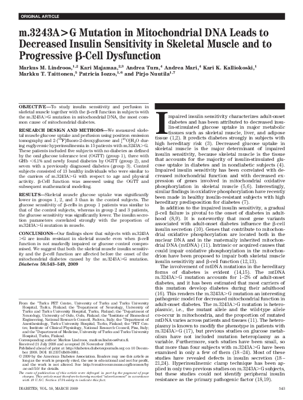 (PDF) m.3243A>G Mutation in Mitochondrial DNA Leads to Decreased ...