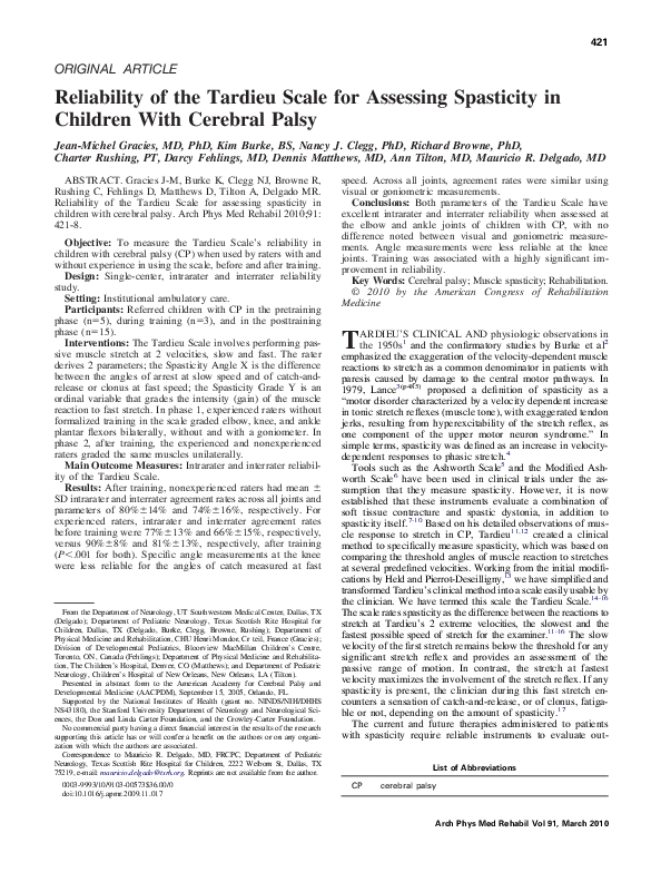 (PDF) Reliability of the Tardieu Scale for Assessing Spasticity in ...