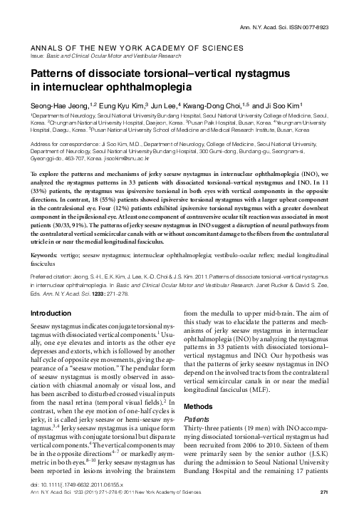 (PDF) Patterns of dissociate torsional-vertical nystagmus in internuclear ophthalmoplegia ...