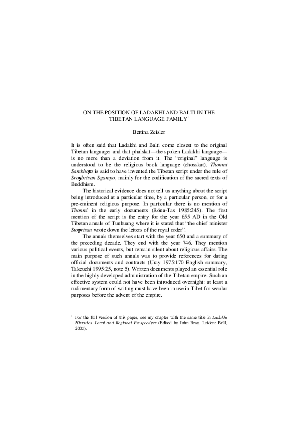 2007 On the position of Ladakhi and Balti in the Tibetan language ...