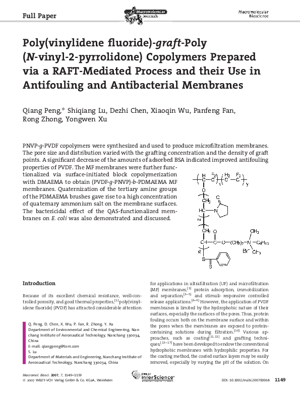 (PDF) Poly(vinylidene fluoride)-graft-Poly(N-vinyl-2-pyrrolidone ...