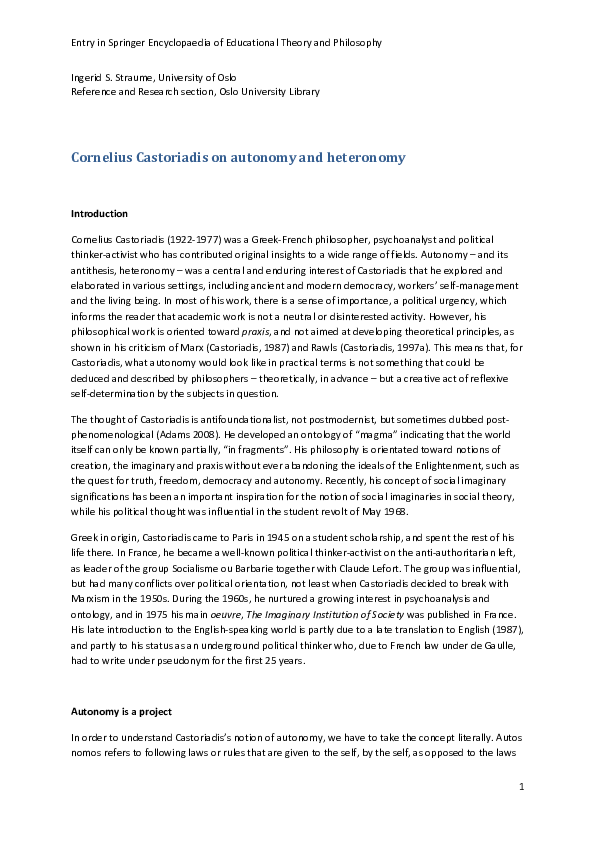 (PDF) Castoriadis on autonomy and heteronomy