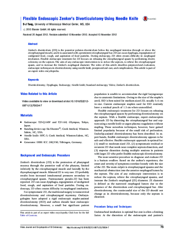 (PDF) Flexible endoscopic Zenker’s diverticulotomy: cap-assisted ...