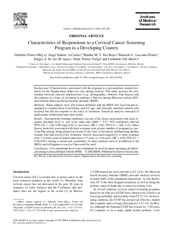 (PDF) Characteristics of Respondents to a Cervical Cancer Screening ...