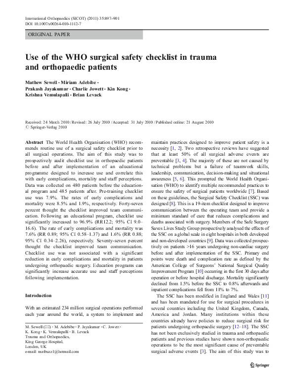 (PDF) Use of the WHO surgical safety checklist in trauma and ...