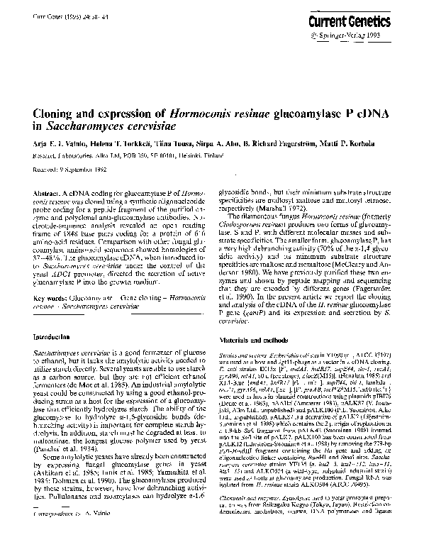 (PDF) Cloning and expression of Hormoconis resinae glucoamylase P cDNA in Saccharomyces cerevisiae