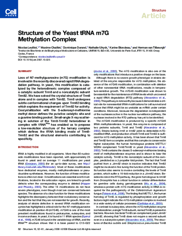 (PDF) Structure of the Yeast tRNA m7G Methylation Complex
