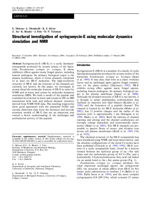(PDF) Structural investigation of syringomycin-E using molecular dynamics simulation and NMR