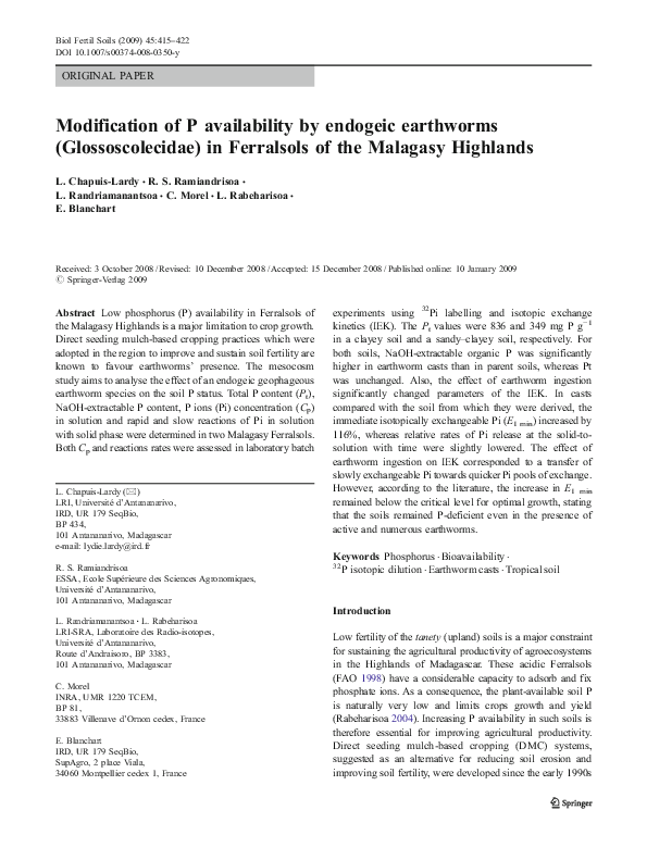 (PDF) Modification of P availability by endogeic earthworms ...