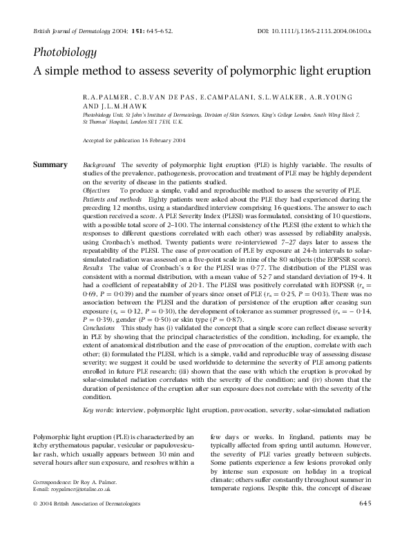 (PDF) A simple method to assess severity of polymorphic light eruption