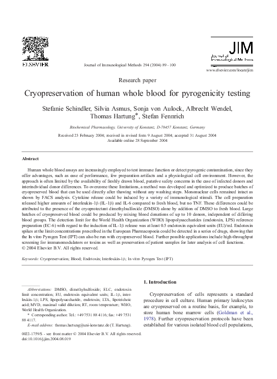 (PDF) Cryopreservation of human whole blood for pyrogenicity testing