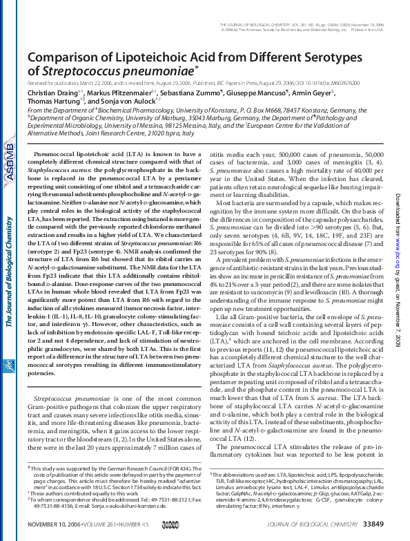 (PDF) Comparison of Lipoteichoic Acid from Different Serotypes of ...