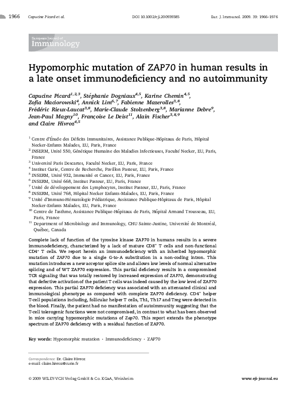 (PDF) Hypomorphic mutation of ZAP70 in human results in a late onset ...