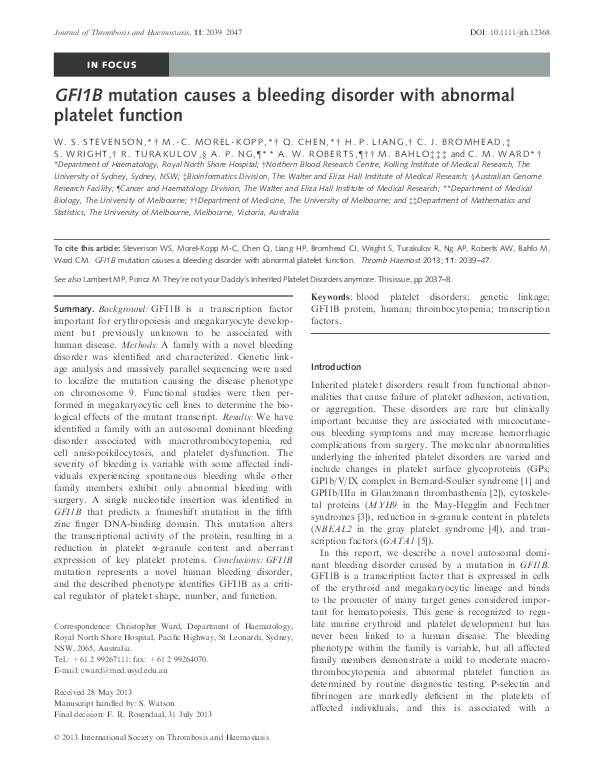 (PDF) GFI1B mutation causes a bleeding disorder with abnormal platelet function