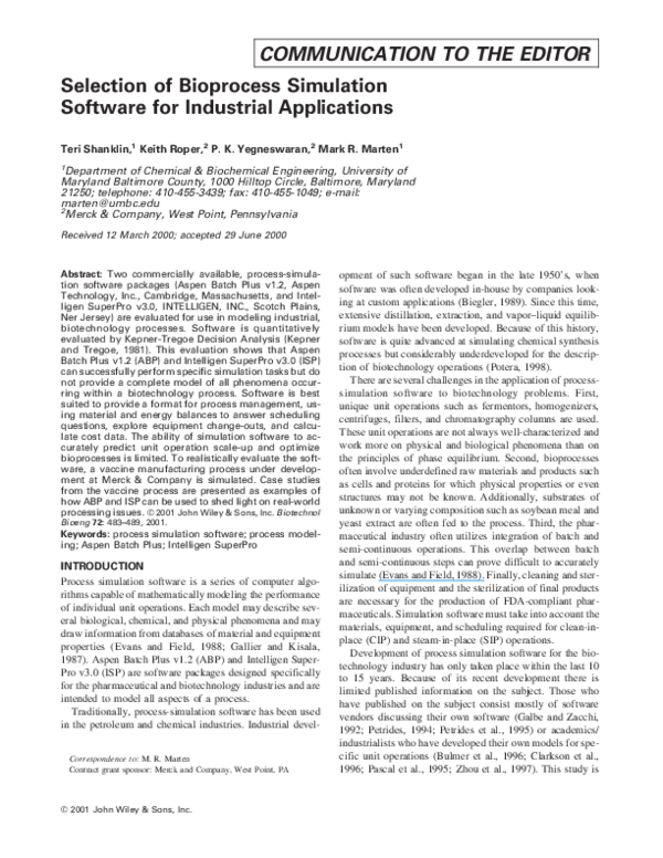 (PDF) Selection of bioprocess simulation software for industrial ...