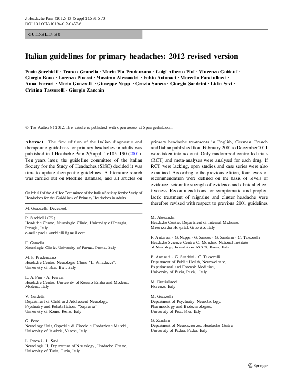 (PDF) Italian guidelines for primary headaches: 2012 revised version