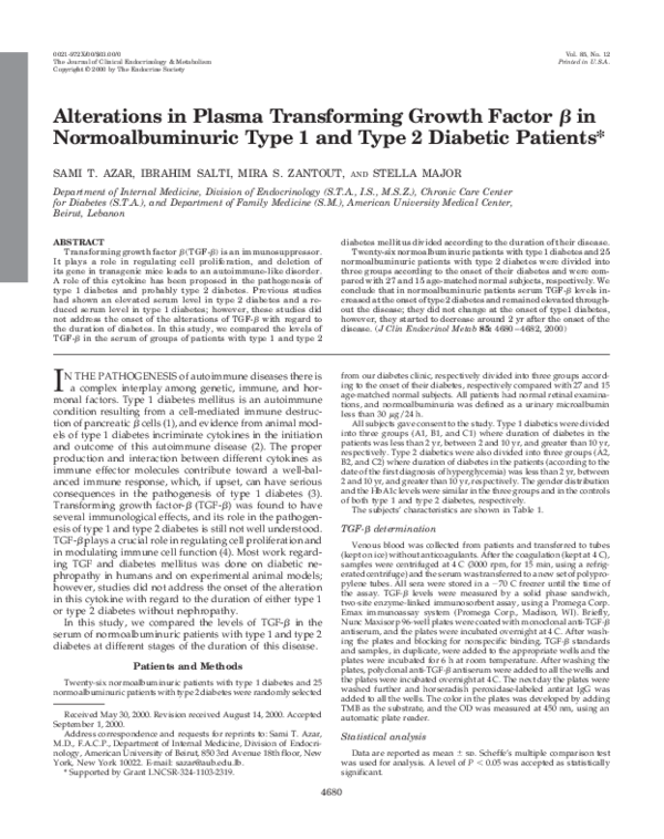 (PDF) Alterations in Plasma Transforming Growth Factor β in Normoalbuminuric Type 1 and Type 2 ...
