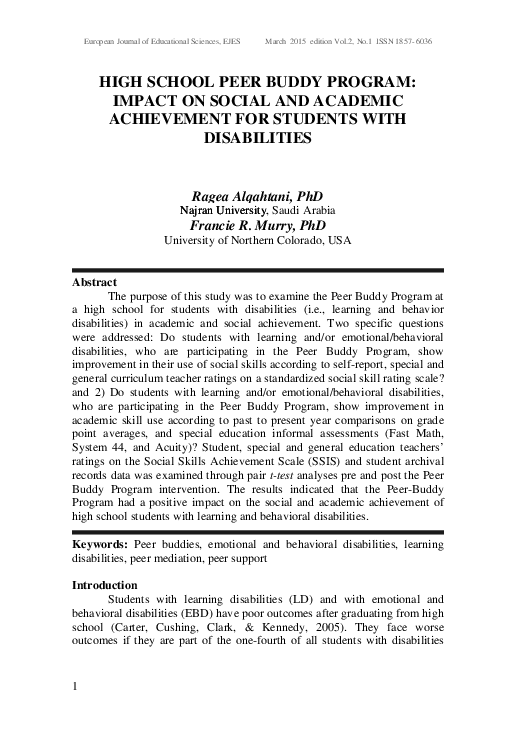 (PDF) HIGH SCHOOL PEER BUDDY PROGRAM: IMPACT ON SOCIAL AND ACADEMIC ...