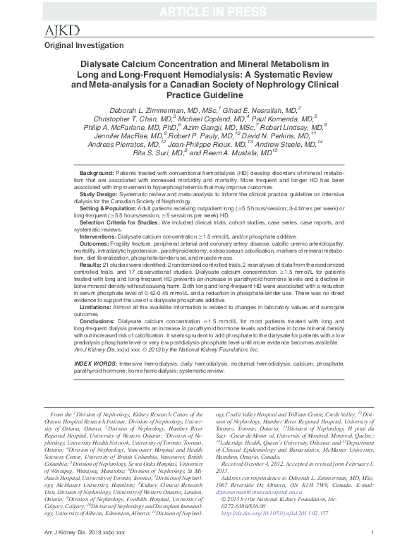 (PDF) Dialysate Calcium Concentration and Mineral Metabolism in Long ...