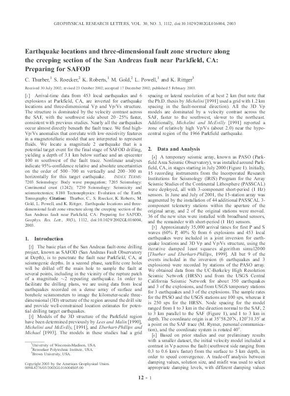 (PDF) Earthquake locations and three-dimensional fault zone structure ...