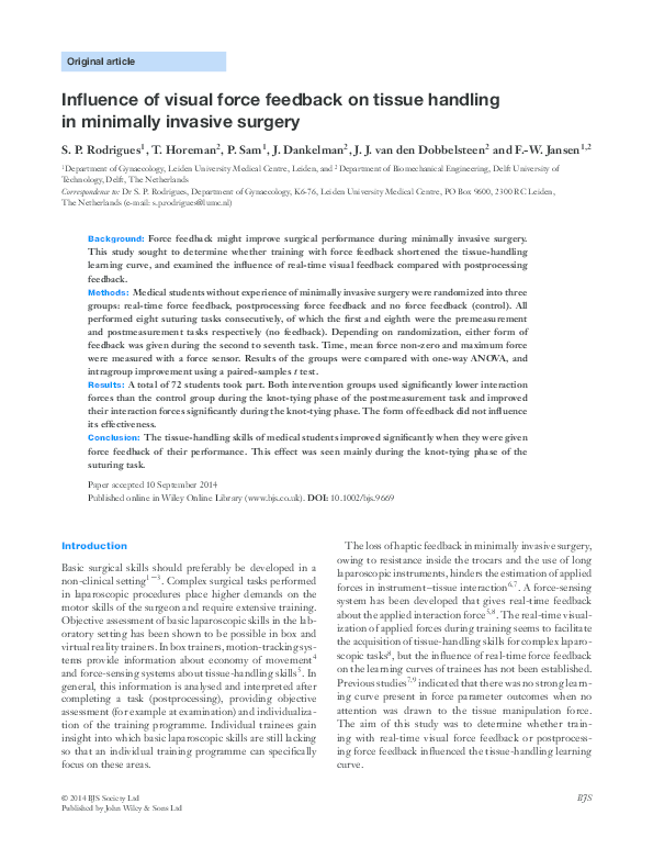 (PDF) Influence of visual force feedback on tissue handling in ...