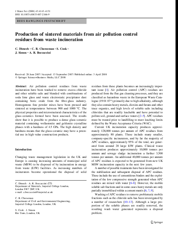 (PDF) Production of sintered materials from air pollution control ...