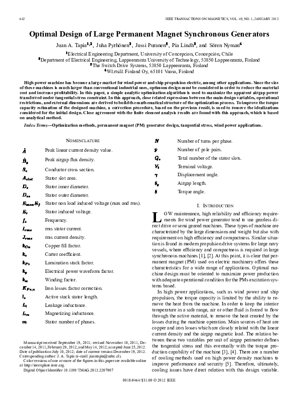 Pdf Optimal Design Of Large Permanent Magnet Synchronous Generators