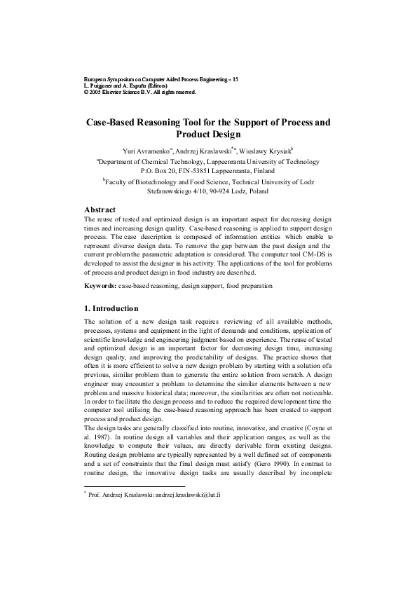 (PDF) Case-based reasoning tool for the support of process and product design