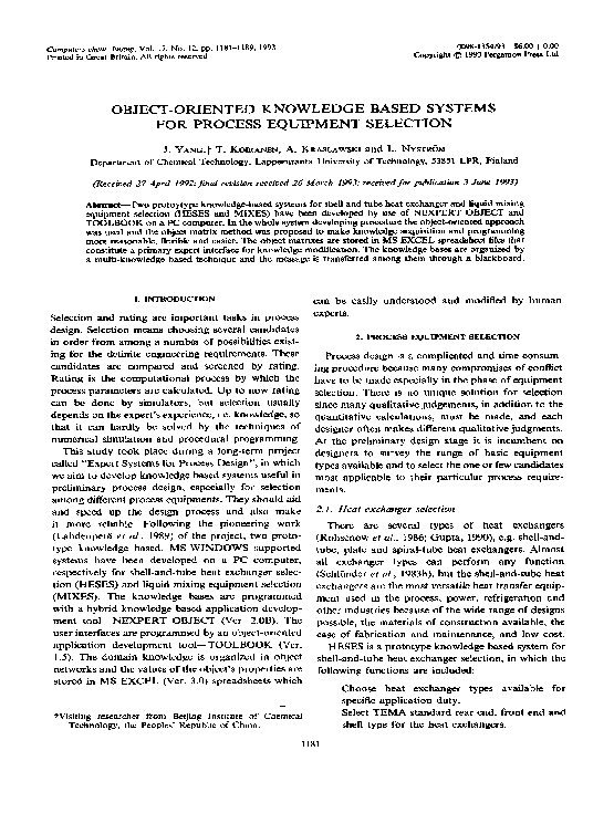 (PDF) Object-oriented knowledge based systems for process equipment selection