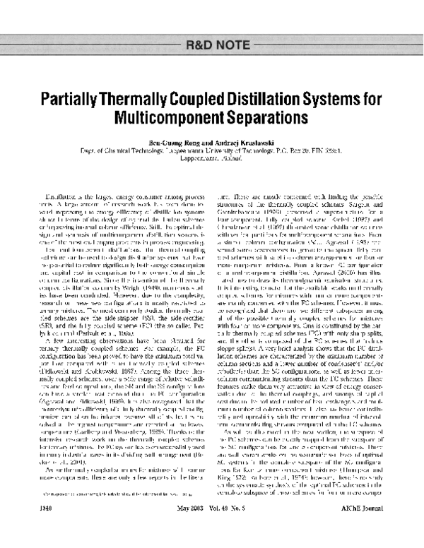 (PDF) Partially thermally coupled distillation systems for multicomponent separations