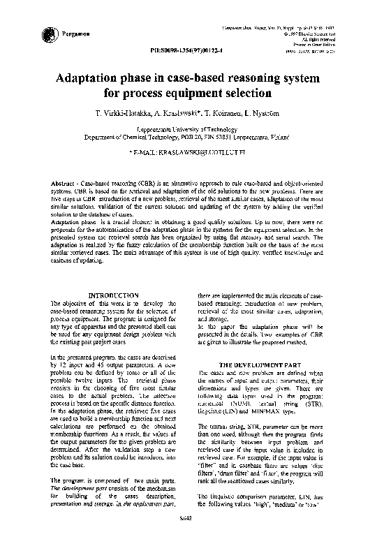 (PDF) Adaptation phase in case-based reasoning system for process equipment selection