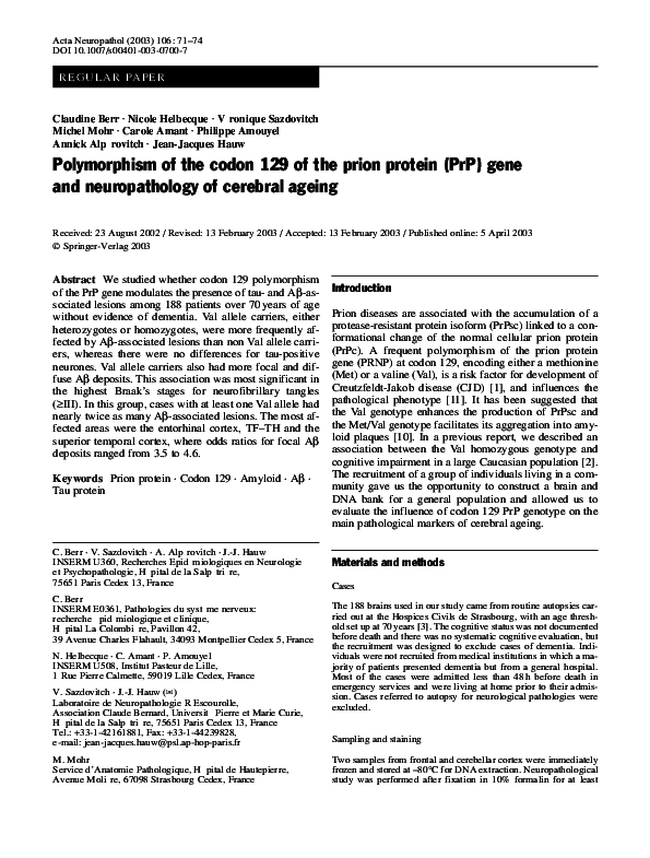 (PDF) Polymorphism of the codon 129 of the prion protein (PrP) gene and ...