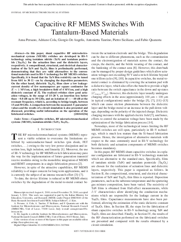 (PDF) Capacitive RF MEMS Switches With Tantalum-Based Materials